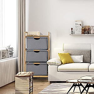 Basket Storage Drawers Unit 3-Tier Laundry Basket Bathroom Dresser Tower Organizer with Bamboo Frame and Pull-Out Fabric Baskets