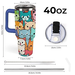 Cats Pattern 40 Oz Stainless Steel Cup Travel Tumbler with Handle and Straw Lightweight Coffee Mug for Home Office