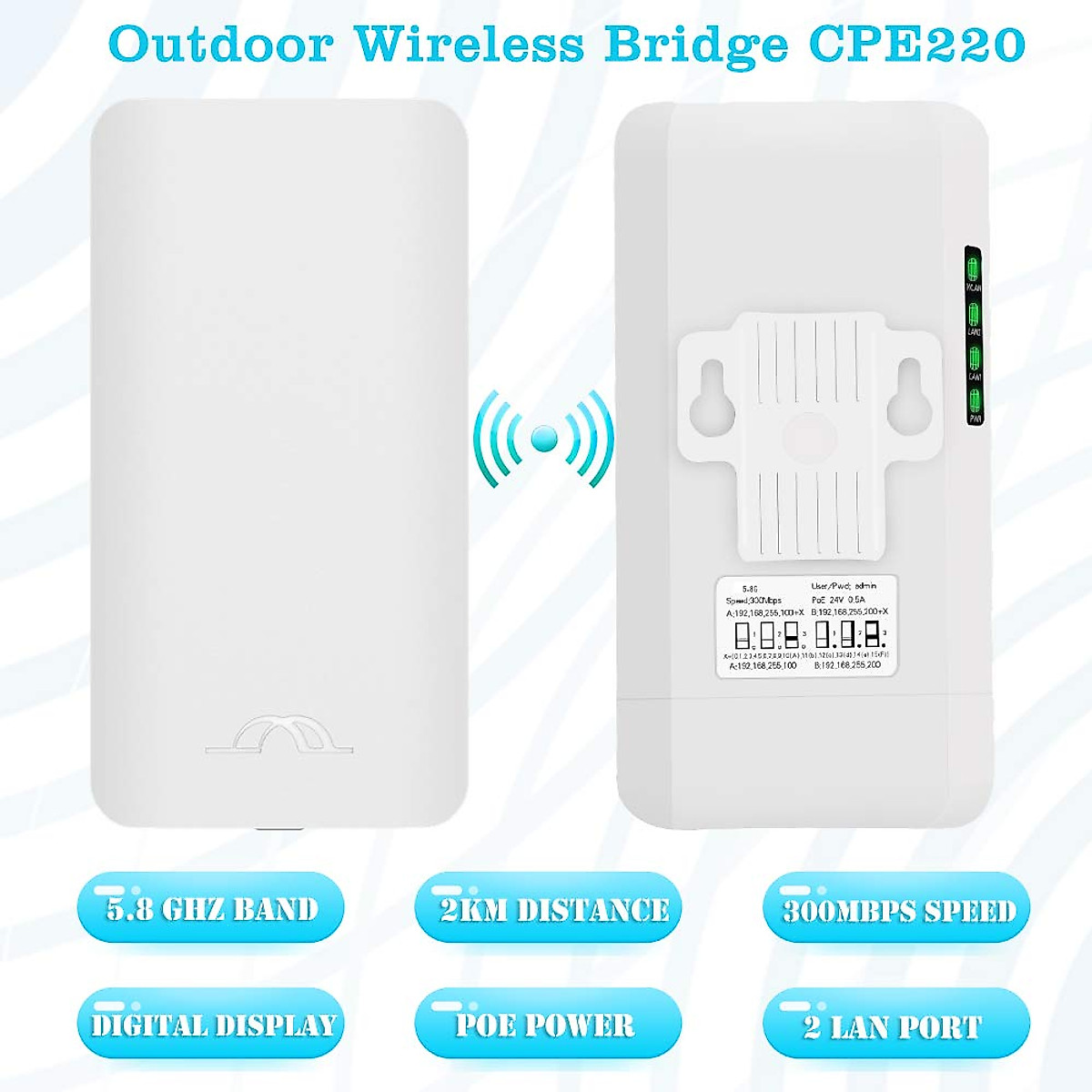 CPE220 5.8G Wireless Bridge W/Bracket Mount,PTMP WiFi PTP Point to Point Access Outdoor Network CPE 2KM Transmission Distance with 12DBi Antenna 2 LAN 100MBps Ethernet Port 24V PoE 2-Pack