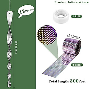 ELCOHO 2 Rolls Reflective Scare Tape 150 Feet Long Double Sided Repellent Tape with 12 Pieces Reflective Scare Rods for Garden, Eaves, Orchards