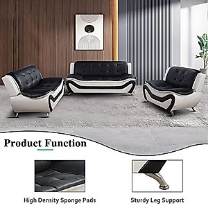 HOMVET Faux Leather 3 Piece-Modern Sofa,Couch Set for Living Room,Black & White