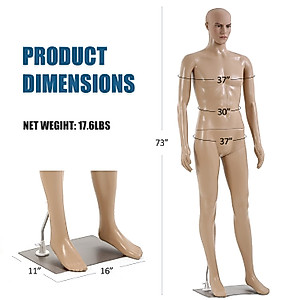 NChanmar Male Mannequin Full Body,Mannequin Body Dress Form 73 Inches Stand Adjustable Model Realistic Head Arm Rotation Metal Base