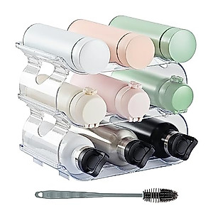 Stackable Water Bottle Organizer for Cabinet with Brush - 3 Tier Water Bottle Holder and Wine Rack Storage Organizer for Pantry Fridgem, Kitchen Organizer and Storage, Tumbler Travel Mug Cup Holder