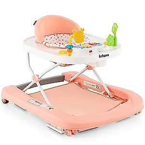 INFANS Foldable Baby Walker, 3 in 1 Toddler Walker Bouncer, Learning-Seated, Walk-Behind, Music, Adjustable Height, High Back Padded Seat, Detachable Trampoline Mat, Activity Walker with Toys (Pink)