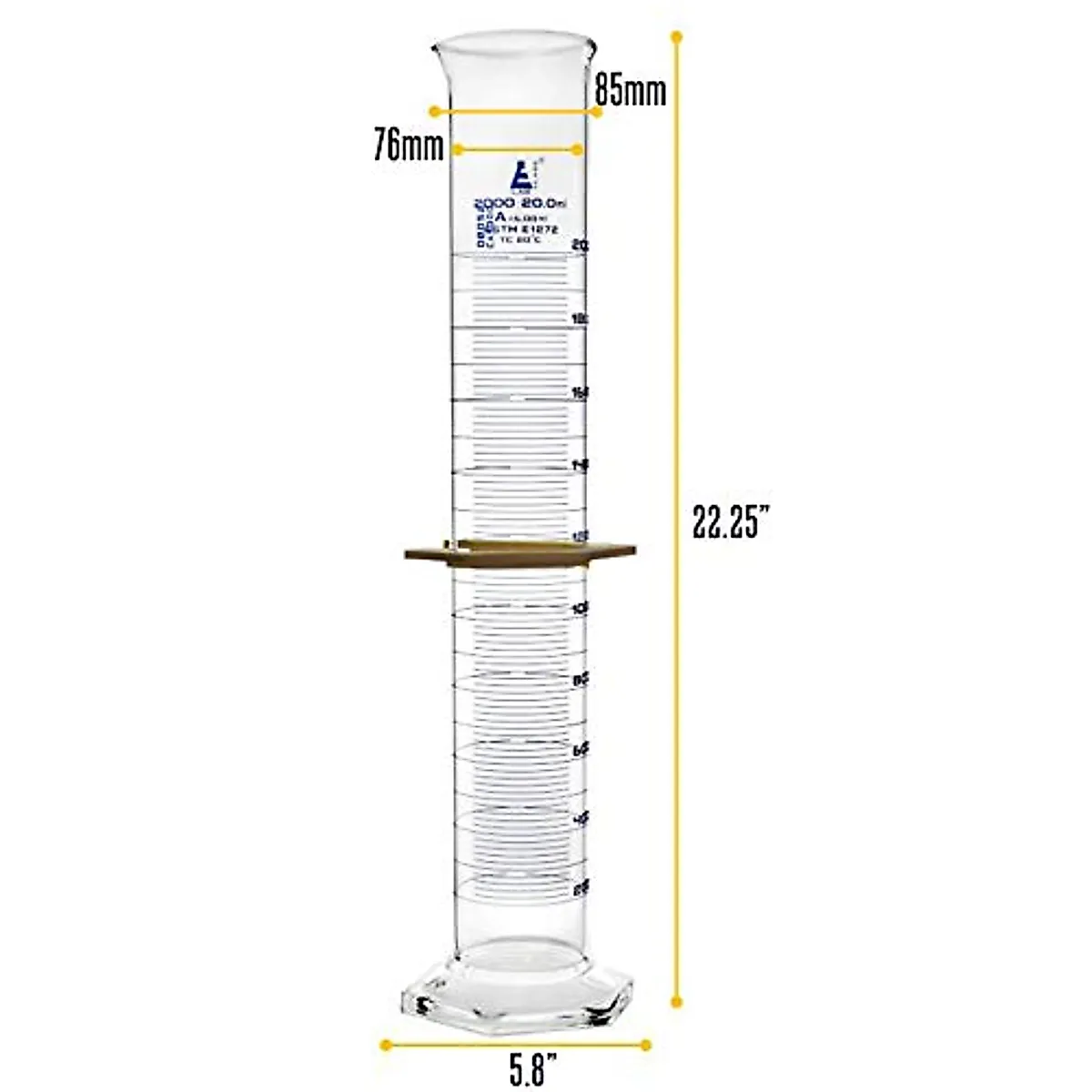 EISCO Graduated Cylinder, 2000mL - ASTM, Class A Tolerance ±6.00mL - Protective Collar, Hexagonal Base - Blue Graduations - Borosilicate 3.3 Glass