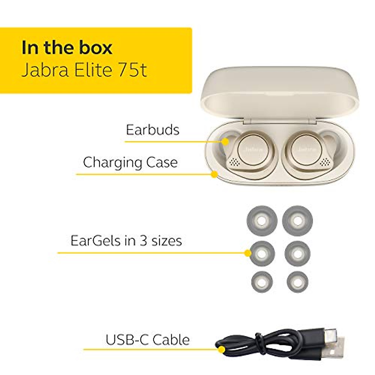 Jabra Elite 75t – True Wireless Earbuds with Charging Case, Gold Beige – Active Noise Cancelling Bluetooth with a Comfortable, Secure Fit, Long Battery Life, Great Sound