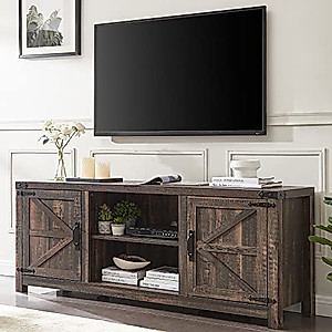 T4TREAM Farmhouse TV Stand for TVs Up to 75 inches, Wood Barn Door Media Television Console Table with Storage Cabinets, Easy Assembly Modern Entertainment Center for Living Room, Dark Rustic Oak
