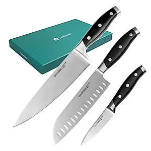 linoroso 3 Piece Knife Set, Chef Santoku Paring Knife Set with Elegant Gift Box, Sharp Forged German Carbon Stainless Steel Knives with Full Tang Ergonomic Handle for Home Kitchen and Restaurant