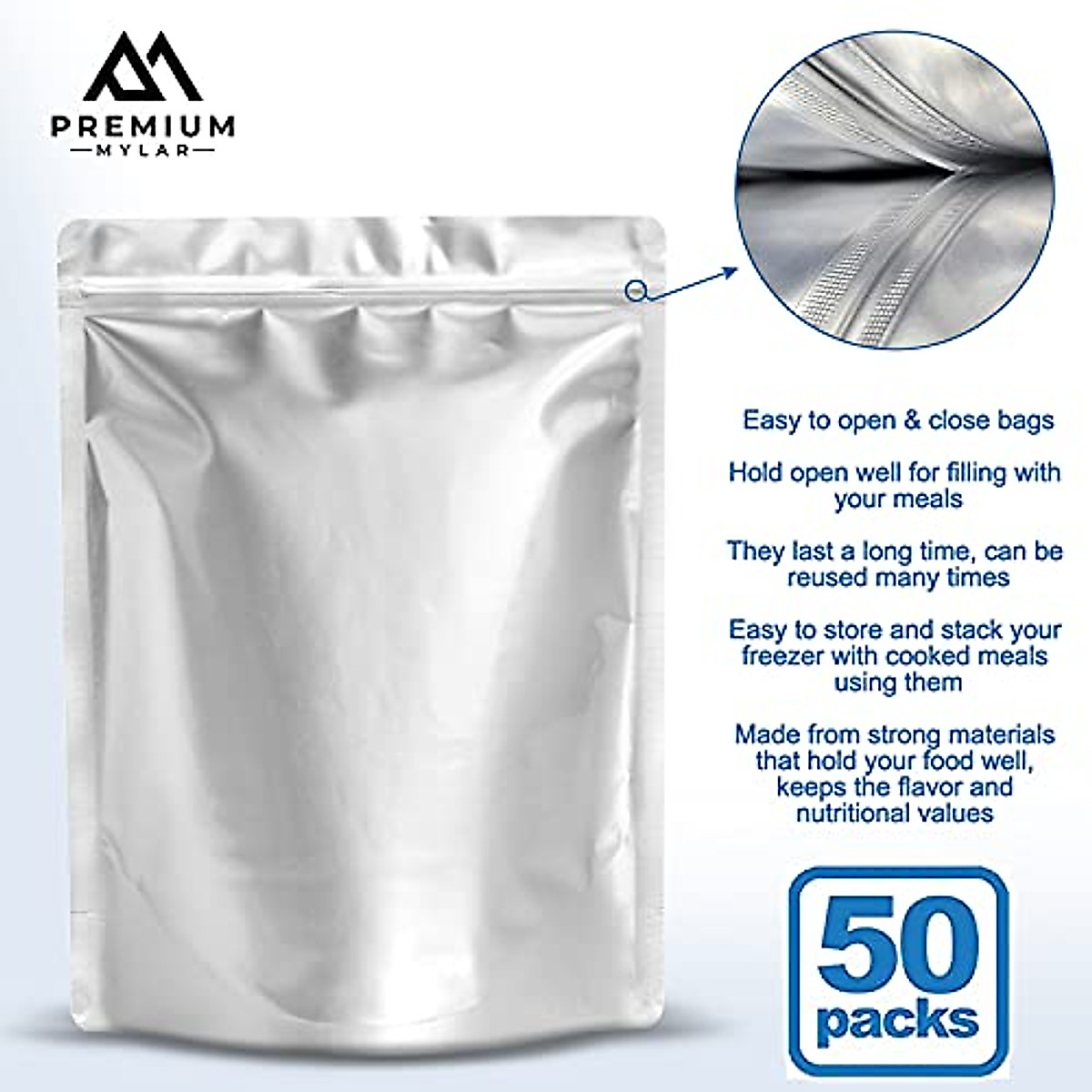 ProPremium 50 Mylar Bags 1 Gallon - Extra Thick 7.4 Mil - 10"x14" Airtight Vacuum Sealing Sealable Mylar Bags for Long Term Food Storage - Odor Free Heat Resistant - Light and Moisture Proof Fresh Saver Packs