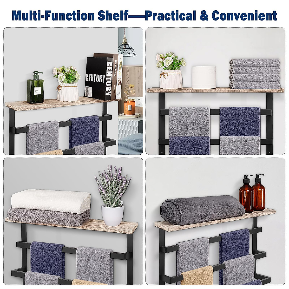 NearMoon Hanging Towel Rack for Bathroom, Thicken Metal Towel Holder with Wood Shelf, 3-Tier Towel Bar Storage, Wall Mounted Towel Hangers Bathroom Decor Organizer Accessories (24 Inch, Matte Black)