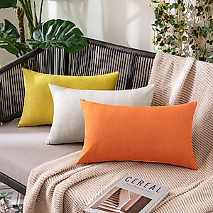 MIULEE Fall Pack of 2 Decorative Outdoor Solid Waterproof Throw Pillow Covers Polyester Linen Garden Farmhouse Cushion Cases for Patio Tent Balcony Couch Sofa 12x20 inch Bright Orange