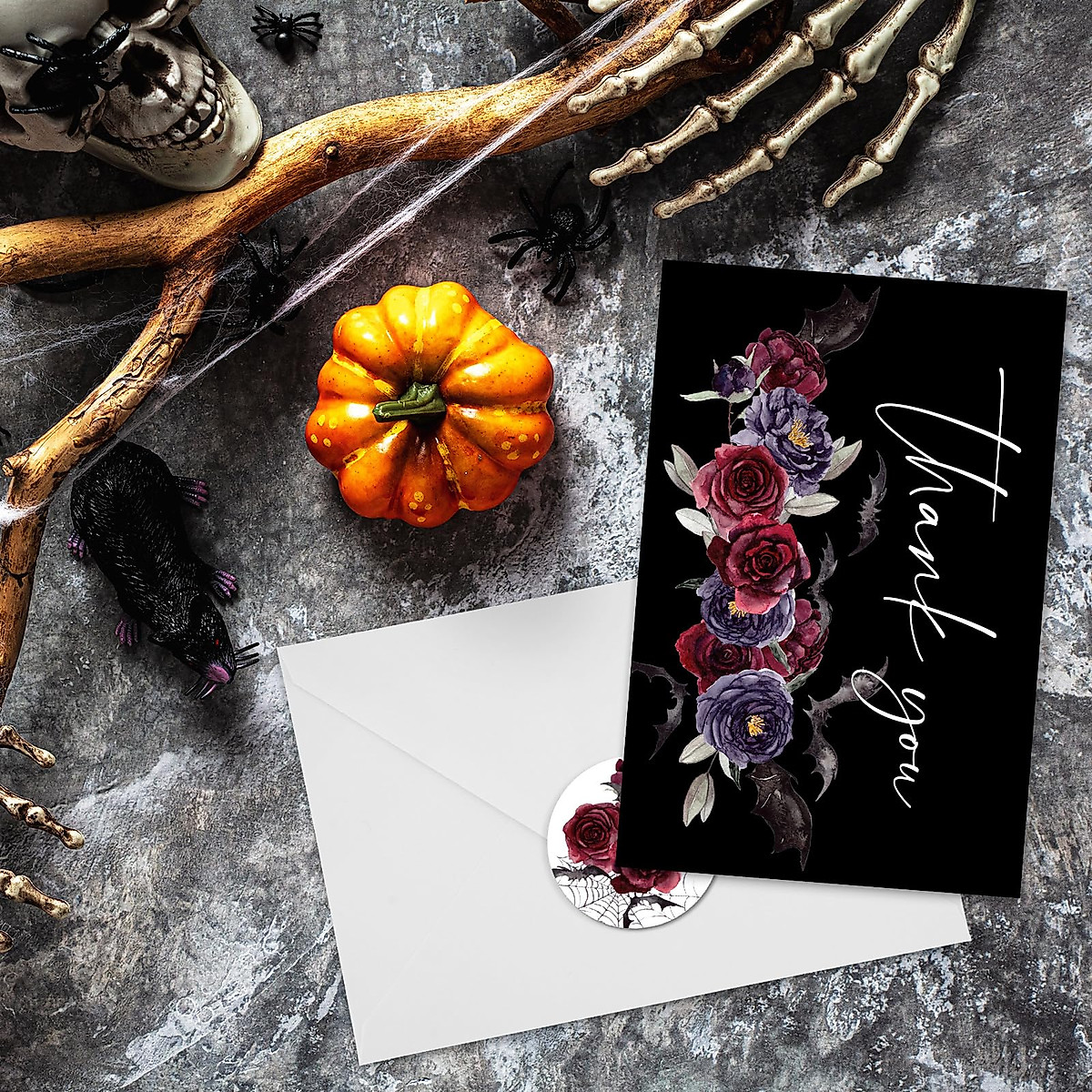 AnyDesign 25 Pack Floral Thank You Greeting Cards Halloween Flower Bat Invitation Cards Spooky Thank You Blank Note Cards for Holiday Party Invitation Supplies, 4 x 6 Inch