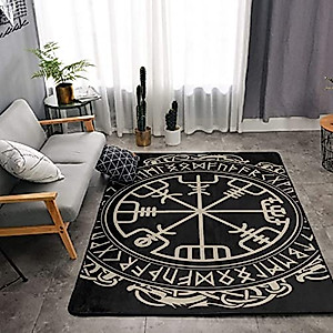Fashion Soft Cozy Area Rug Indoor Thick Throw Rugs Carpets Floor Mats (Black Celtic Viking Design Magical Runic Compass Vegvisir in The Circle of Norse Runes and Dragons Tattoo Decorative)