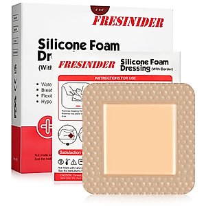FRESINIDER Silicone Foam Dressing with Adhesive Border – Wound Dressing Bandage – Silicone Foam Pad – Pack of 5 – 4 x 4 Inches Large Waterproof Bandages – Self Adhesive Wound Care and Dressings