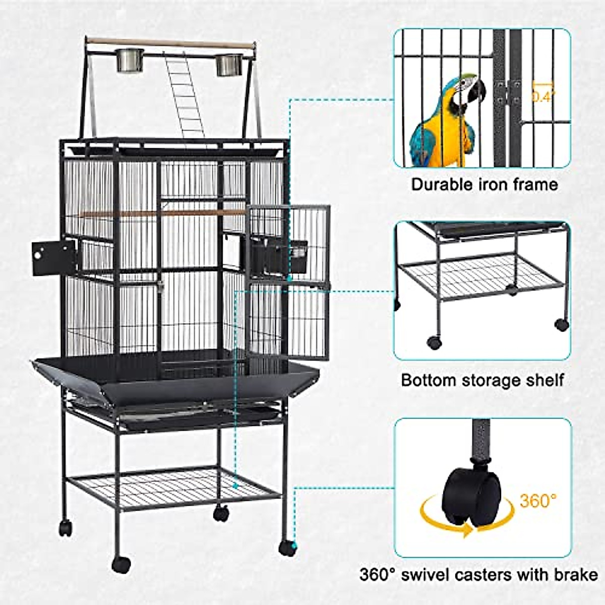 Kinpaw 68" Bird Cage Large - Wrought Iron Open Play Top Perch with Rolling Stand Castor Wheels Feeding Bowl for Parrot Cockatiel Finch Pet Supplies Black…