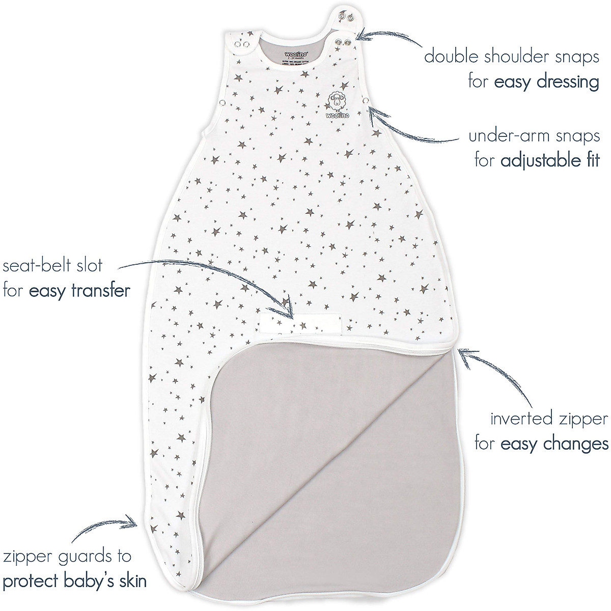 Woolino Toddler Sleeping Sack, 4 Season, Merino Wool and Organic Cotton, Baby Sleep Bag, 2-4 Years, Stars