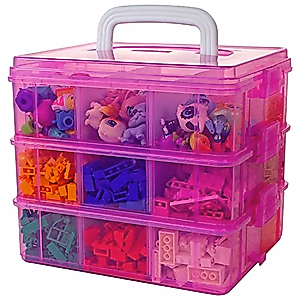 Bins & Things Stackable Toys Organizer Storage Case Compatible with LOL Surprise Dolls, LPS, Shopkins, Tsum Tsum, Calico Critters and Lego - Portable Adjustable Box w/Carrying Handle