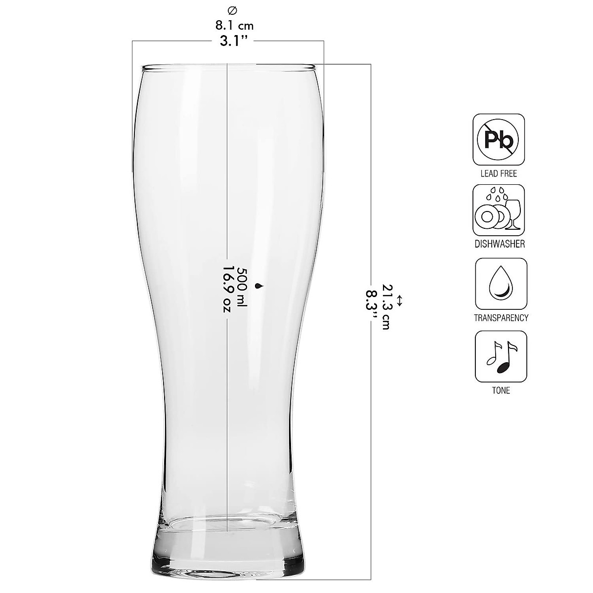 Krosno Tall Beer Pint Glasses | Set of 6 | 16.9 oz | Chill Collection | Perfect for Home, Restaurants and Parties | Dishwasher Safe