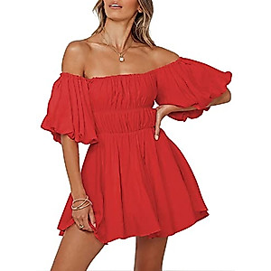 Dokotoo Summer Dresses for Women 2023 Fashion Lantern Sleeve Off Shoulder Dresses for Wedding Guest Ruffle Elastic Waist A-Line Casual Red Mini Dress X-Large