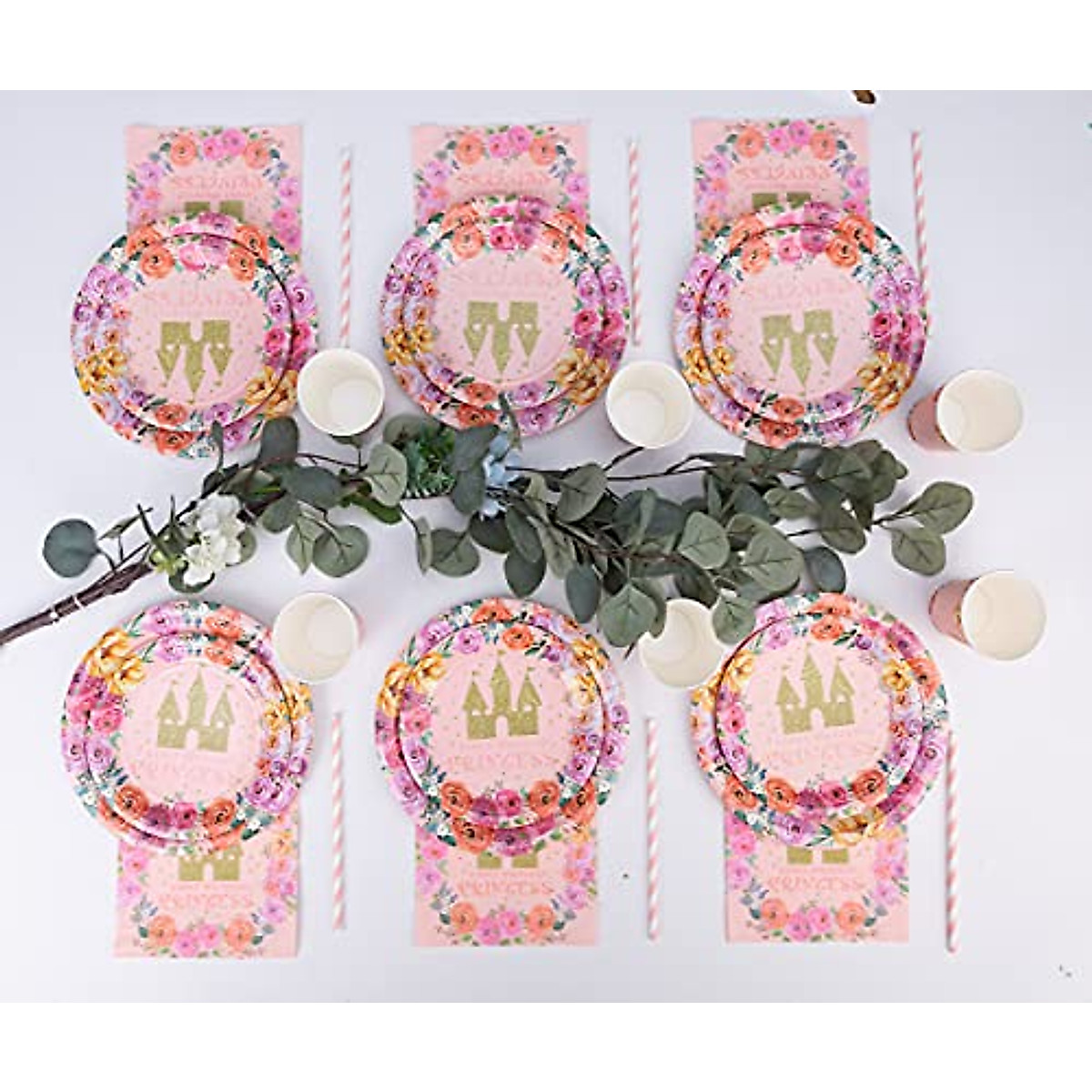 Princess Party Supplies-Princess Party Tableware Set Include Princess Castle Plates, Napkins, Cups Straws for Girls Princess Baby Shower Decorations Serves 10