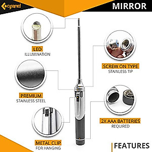 Cynamed Dental Inspection Mirror with LED Powered Illumination - Dental Veterinary First Aid Telescoping Hard to Reach Oral Mirror Anti-Fog Teeth Mouth Inspection