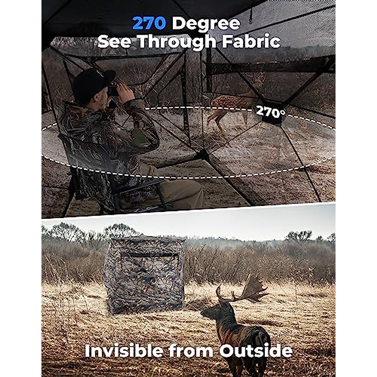 KEMIMOTO Hunting Blind 2-3 Person, See Through Ground Blind 270 Degree Pop Up, Portable Camo Tent for Deer & Turkey Hunting