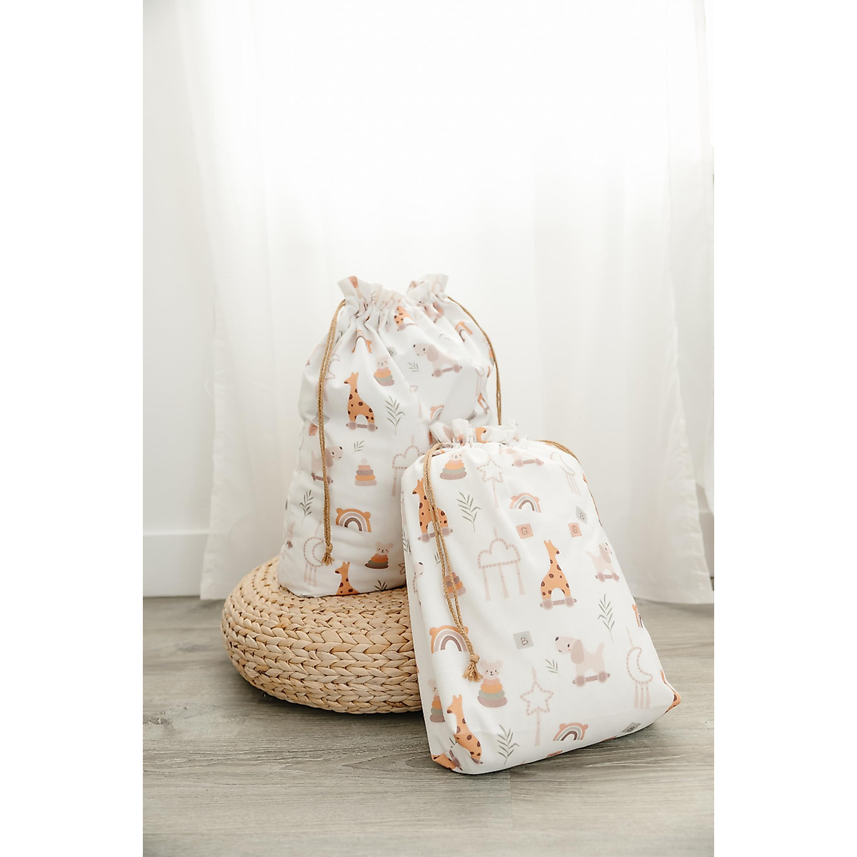 Gather & Knot Drawstring Gift Bags | 20" Large 12" Small | Premium Canvas | Reusable Fabric Wrap for Baby Shower, Neutral Gender Reveal, Kid Birthday | Boho Toy