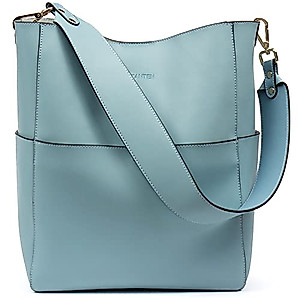 BOSTANTEN Women's Leather Designer Handbags Tote Purses Shoulder Bucket Bags Light Blue