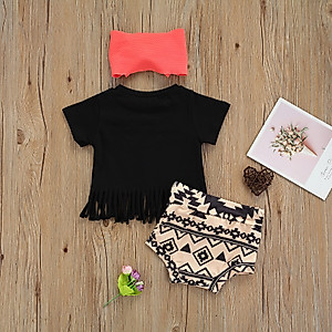 Newborn Baby Girls Clothes Sets 3pcs Letter Short Sleeve Tassel T Shirts Snakeskin Printed Shorts Headband (Black, 0-6 Months)