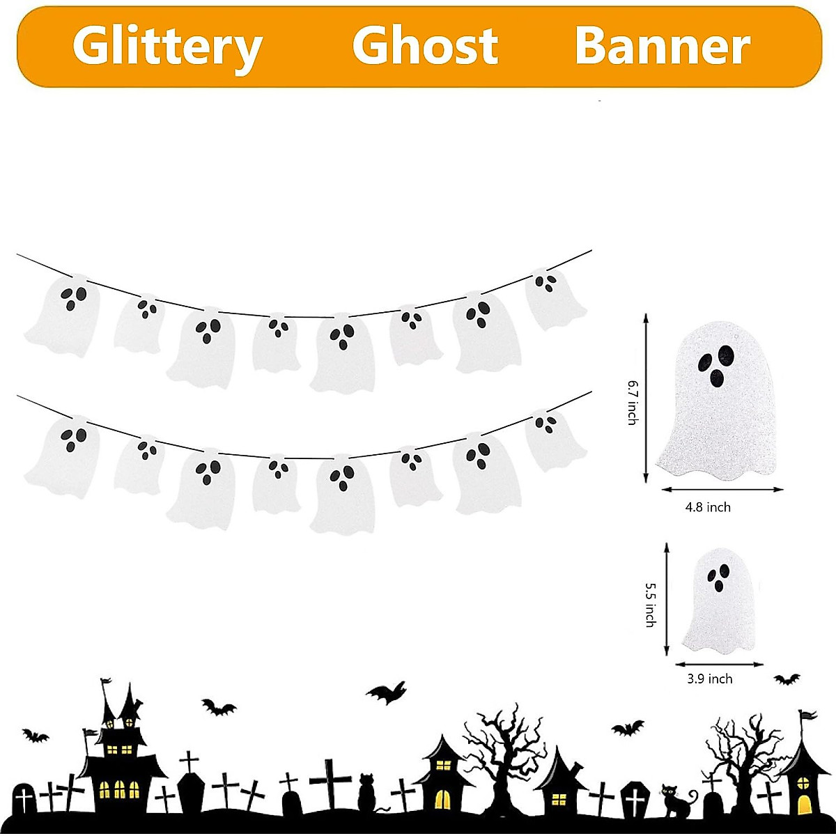 2pack Glittery Halloween Ghost Banner with 24pcs 3D Scary Bat Stickers for Halloween Decoration Haunted Houses Doorways Indoor Outdoor Mantel Wall Decor