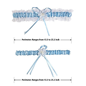 RIMOBUL 2 Pieces Wedding Garters Lace Bridal Garter Faux Pearls Garter for Bride with Toss Away（Light Blue）