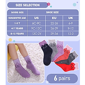 MQELONG Wool Socks for Kids Boys Girls Winter Warm Wool Hiking Thick Boot Cozy Crew Socks 6 Pairs (6 Pairs Cat, 4-7 Years)