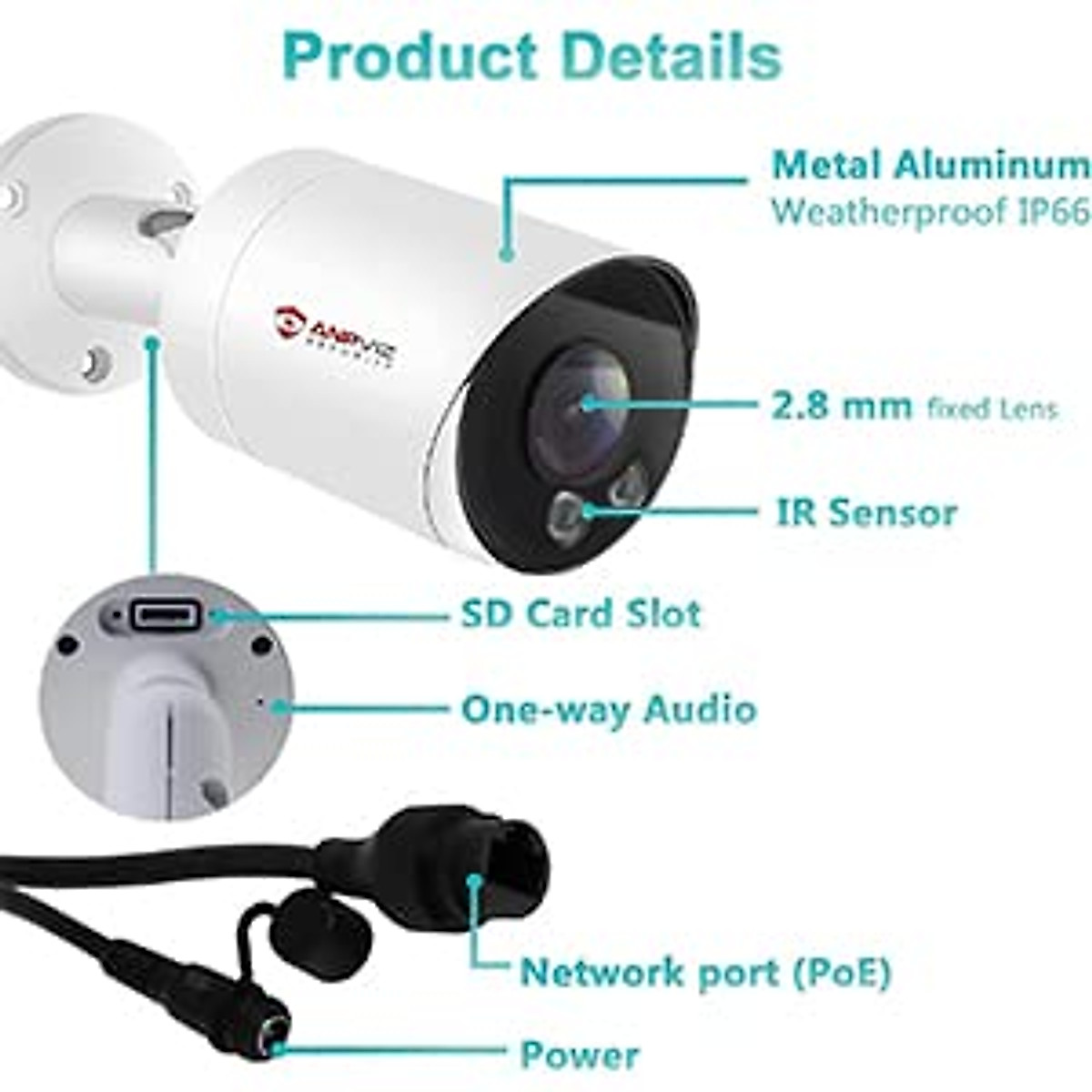 Anpviz 5MP Bullet POE IP Camera with Mic/Audio, 2.8mm Lens Security Camera for Outdoor Indoor, Human & Motion Detection, 98ft IR Night Vision, Up to 256GB MicroSD for 24/7 Recording (U Series)
