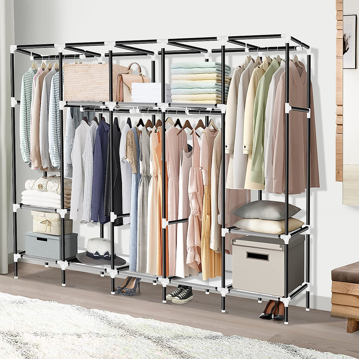 LOKEME Portable Closet, Great Size 82-Inch Portable Wardrobe with 5 Hanging Areas and 10 Storage Shelves for Hanging Clothes, Extra Sturdy 25mm Steel Tube and Easy to Assemble, Grey