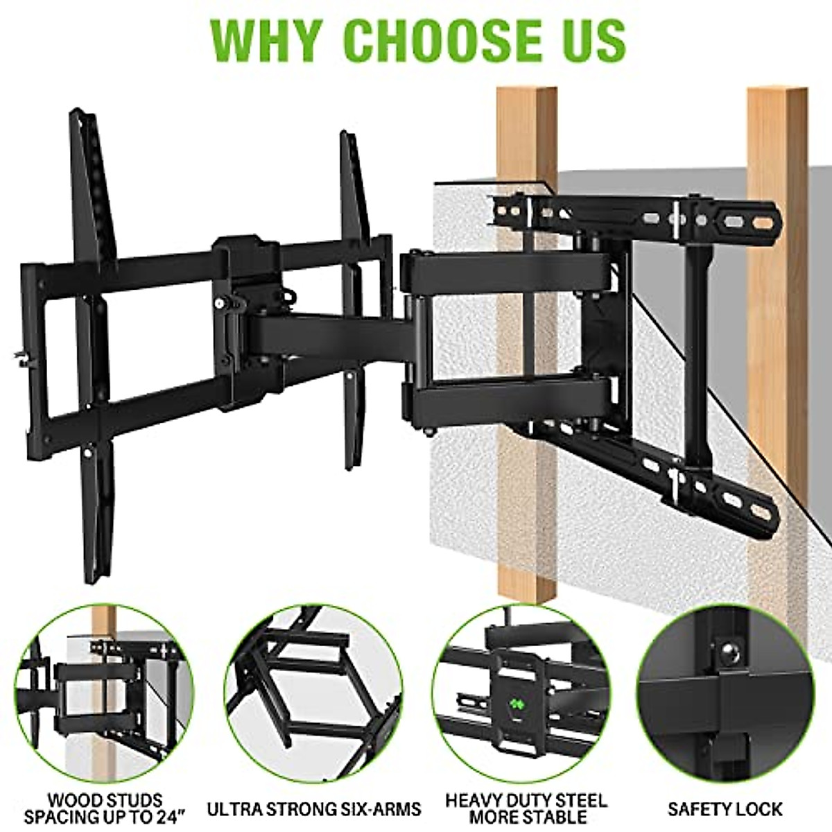 USX MOUNT UL Listed TV Wall Mount for 42"-80" TVS, Fits 16" 18" or 24" Studs, Full Motion Bracket Tilt Swivel Extension with Dual Articulating Arms, Max VESA 600x400mm, Load 110lbs