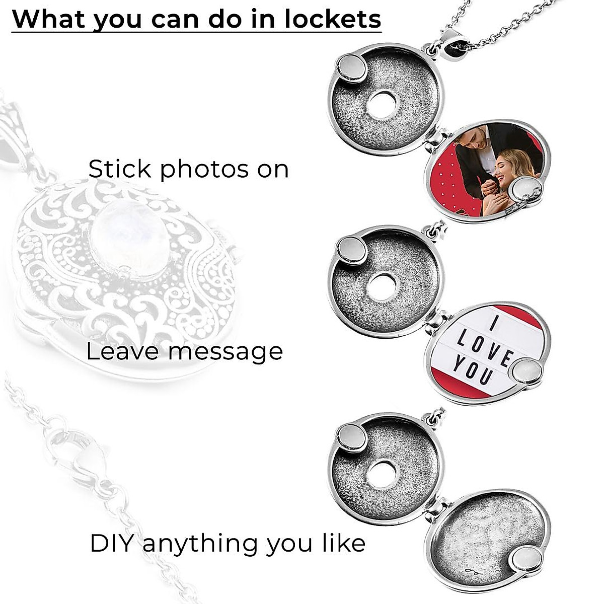 SHOP LC Rainbow Moonstone Picture Locket Necklace for Women Customized Photo Jewelry Memory Personalized Gifts for Women Stainless Steel Chain 24'' Birthday Gifts