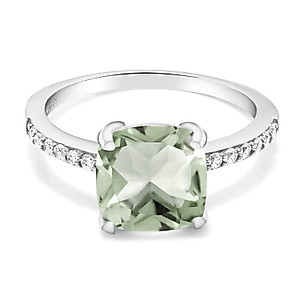 Gem Stone King 2.17 Cttw Green Prasiolite Engagement Ring For Women In 925 Sterling Silver | Cushion Cut 8MM | Gemstone Birthstone | Available in Size 5, 6, 7, 8, 9