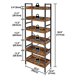 RokiaTek Bookshelf Bookcase 6-Tier Storage Rack with Open Shelves, Vintage Standing Bookshelves Metal Frame Industrial Display Rack for Living Room Bedroom, Rustic Brown and Matte Black