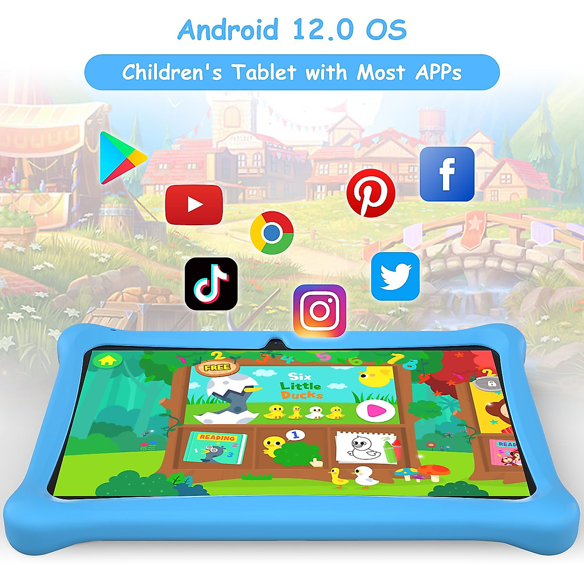 SGIN 10.1 inch Kids Tablet Android 12, 64GB ROM 2GB RAM(TF Card 512GB), Pre-Installed iWawa, Parental Control, 2.4G/5G WiFi, BT4.2, Dual Camera, Educational, Toddler Tablet Shockproof Case(Blue)