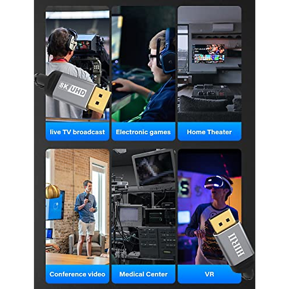 HIIRII DisplayPort Cable 1.4, DP Cable 8K 6.6FT (8K@60Hz, 4K@144Hz, 1080P@240Hz) 32.4Gbps, HDCP 2.2, HDR10 DisplayPort 1.4 for Gaming Monitor, Graphics, PC (6.6ft, Grey, 1)