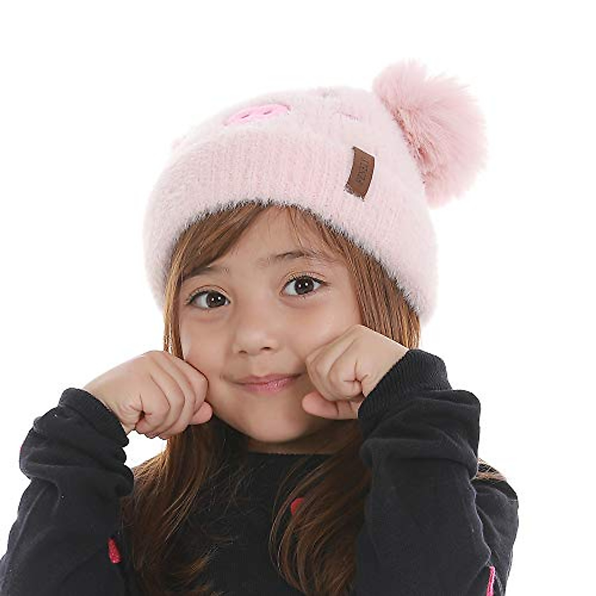 Kids Winter Beanie Knitted Hats for Girls Boys Toddler Baby, Pig Cartoon Animal Faux Fur Double Pom Pom Bobble Warm Soft Fleece Cute Infant Stocking Cap For Children