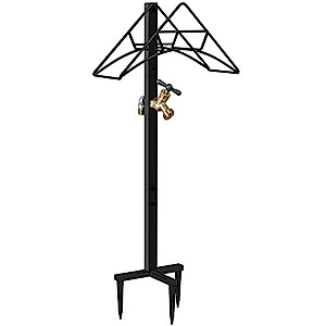 Artigarden Outdoor Hose Holder Stand with Brass Spigot Faucet - Freestanding Metal Water Pipe Extension Hanger Stake Heavy Duty Storage Organizer for Garden Lawn & Backyard