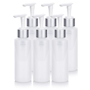 JUVITUS Clear Natural Large Refillable Plastic Squeeze Bottle with Silver Lotion Pump Dispenser 4 oz / 120 ml - (6 Pack)