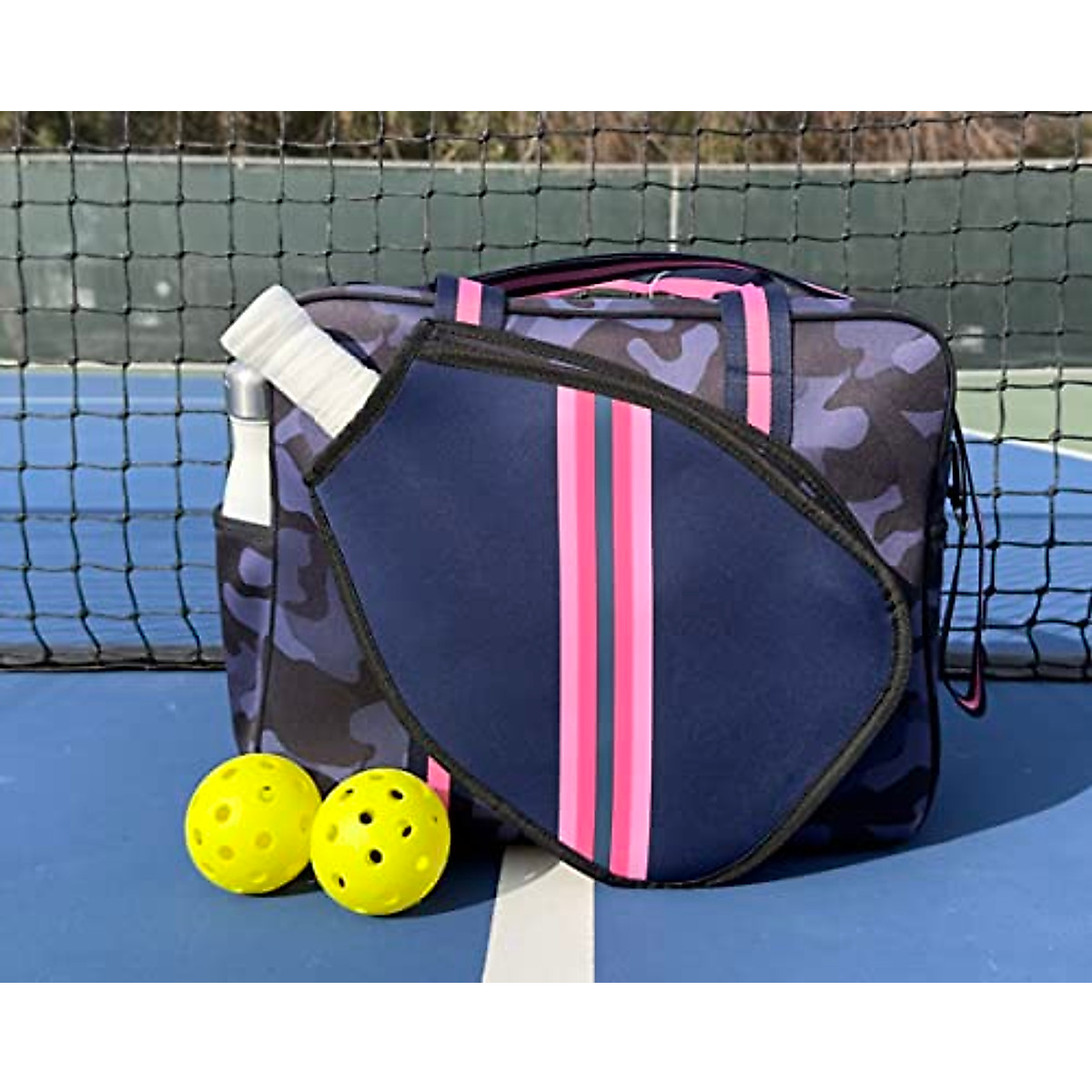 Queen of the Court Pickleball Bag, Pickleball Bag with Fence Hook, Pickle Ball Bag for Women, Cute Pickleball Bag (Navy Camo with Pink Stripe)