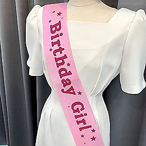 Happy Birthday Decorations Banner for Girls Pink Birthdy Girl Headband Sash Pin Button for Little Girls Birthday Party Favos Supplies Accessories , 4 Pcs