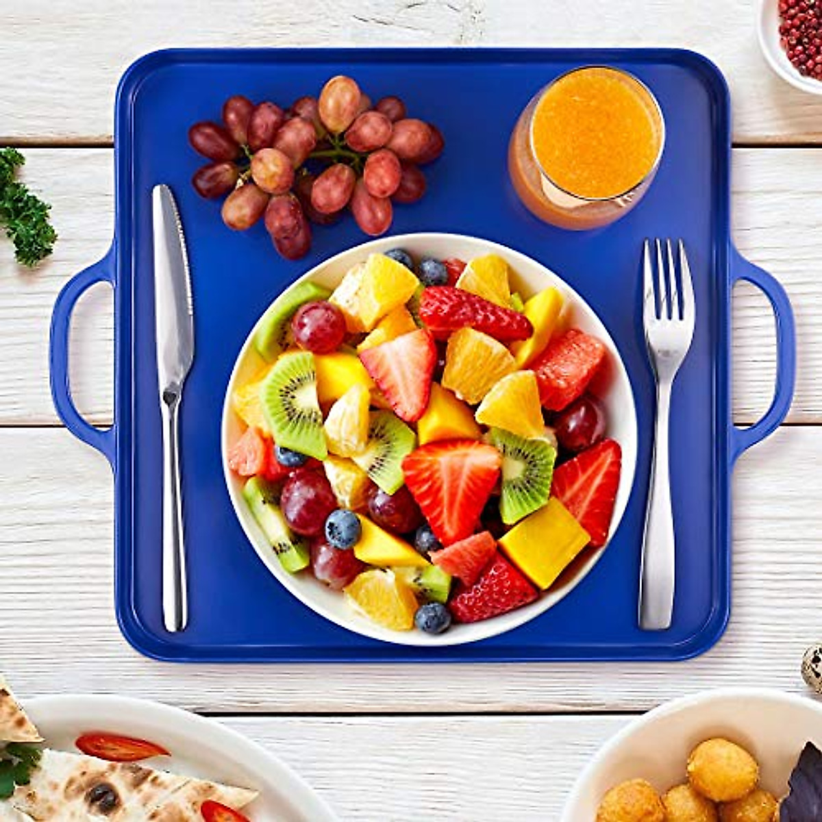 i BKGOO Foodservice Royal Blue Plastic Tray with Handle Set of 2 Large Melamine Cube Serving Platters for Parties, Table, Kitchen Size(12.5"x12.5"x1")