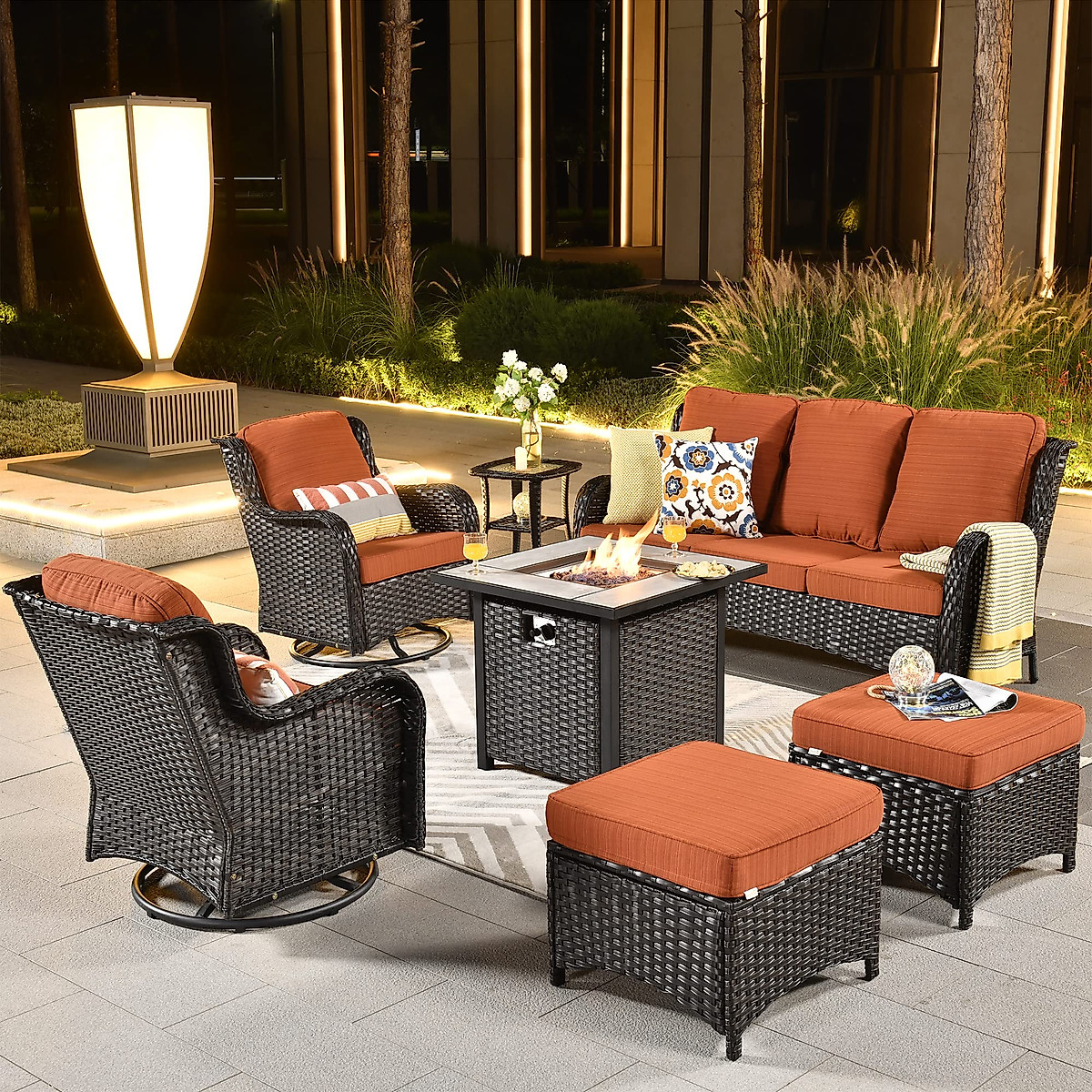 XIZZI Patio Furniture Sets Outdoor Swivel Rocking Chairs with 50,000 BTU Propane Fire Pit Table 7 Pieces All Weather PE Wicker Conversation Sofa and Matching Side Table,Brown Wicker Orange Red