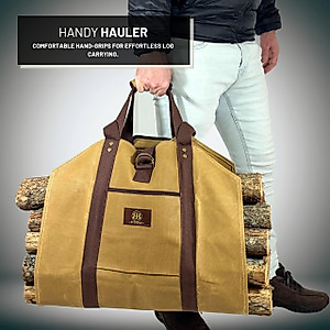 Log Carrier for Firewood Bag - 20oz Waxed Canvas wood carriers with Handles for Fire Logs storage- Fireplace and Campfire Accessories - Durable Waterproof Heavy-Duty Canvas Bag Carrier -