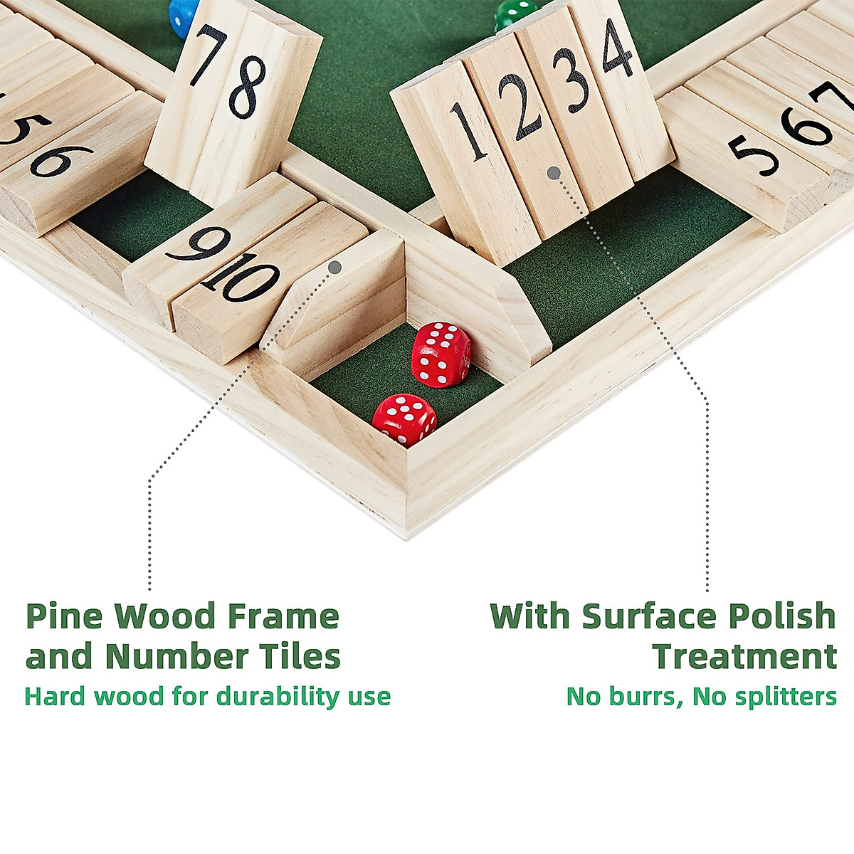 ApudArmis 4-Way Shut The Box 14 Inches, Large Wooden Board Game Set with Dice, Shut-The-Box for Kids & Adults - Learning Addition Classroom Home Party Pub