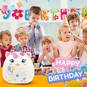 Easfan 12'' Birthday Princess Kitty Plush Pillow Soft Kitty Plush Toy Cute Cat Stuffed Animal Home Room Decoration Birthday Gifts for Kids Toddlers, White